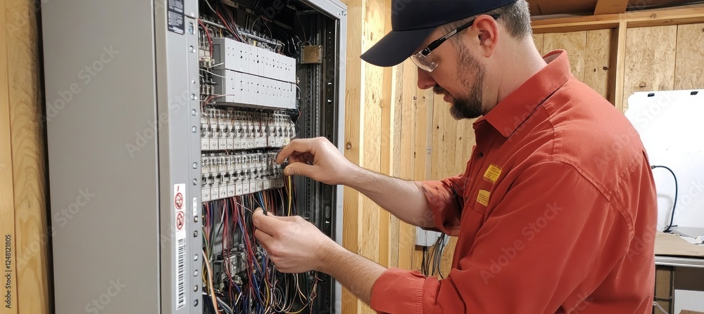 Electrician working on control panel wiring and relays Stock Photo ...