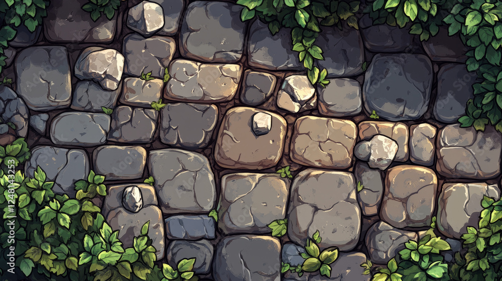 Game stone textures, seamless patterns of pavement, wall with rocks ivy ...