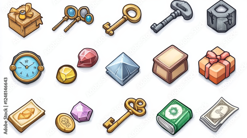 Game icons pack with symbols of key, playing cards, clock, money, gift ...