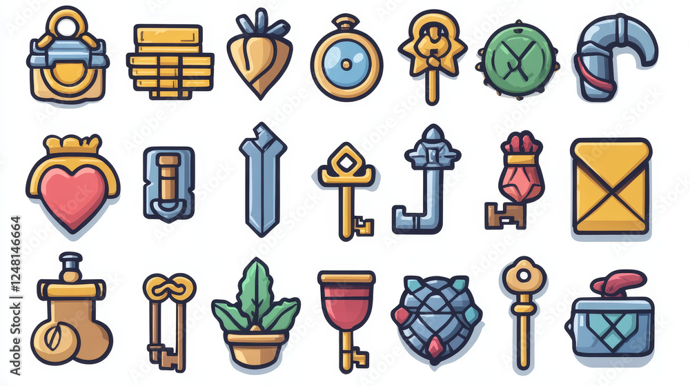 Game icons pack with symbols of key, playing cards, clock, money, gift ...