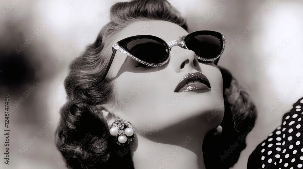 Elegant woman in vintage sunglasses and stylish attire poses outdoors ...