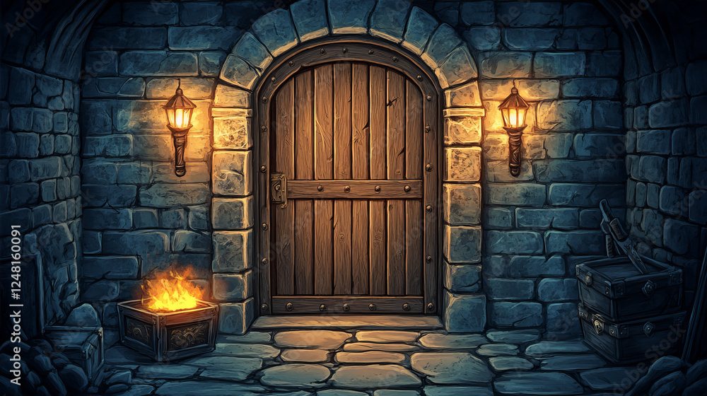 Underground dungeon with wooden door, torch fire and treasure chest ...