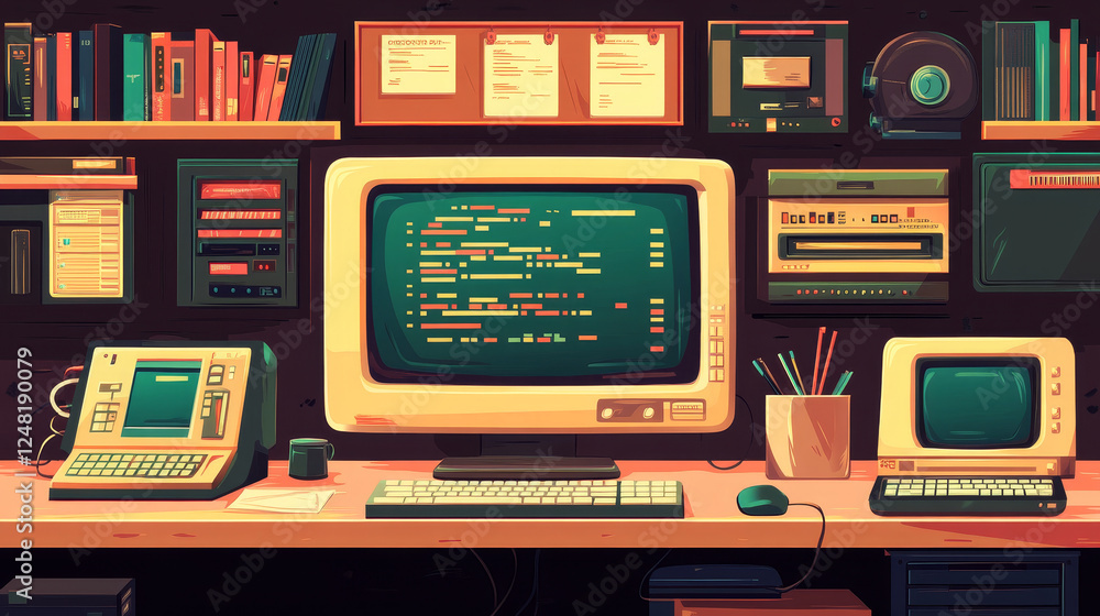 Social media posters template with retro desktop computer interface ...