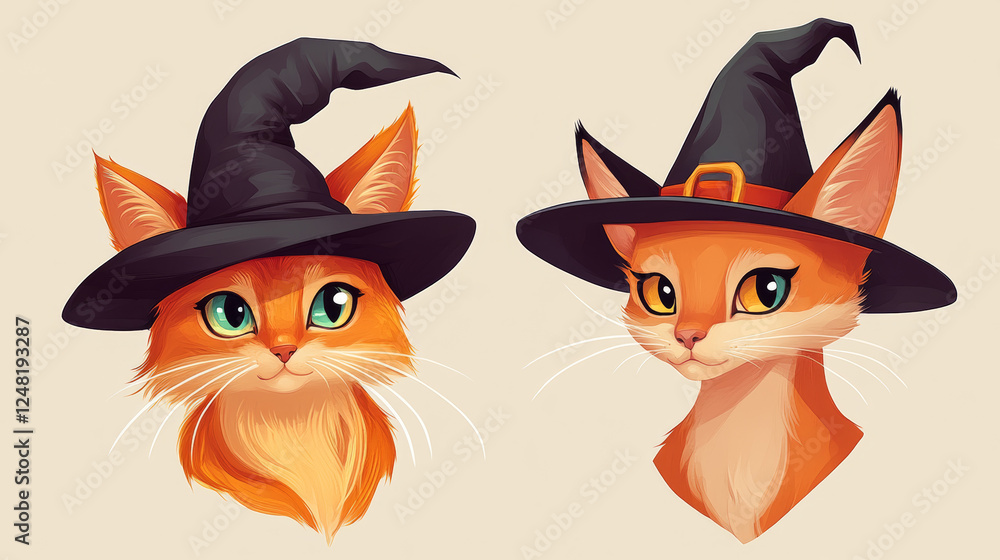 Circle game avatar frames with cats and fox ears, witch hat and broom ...