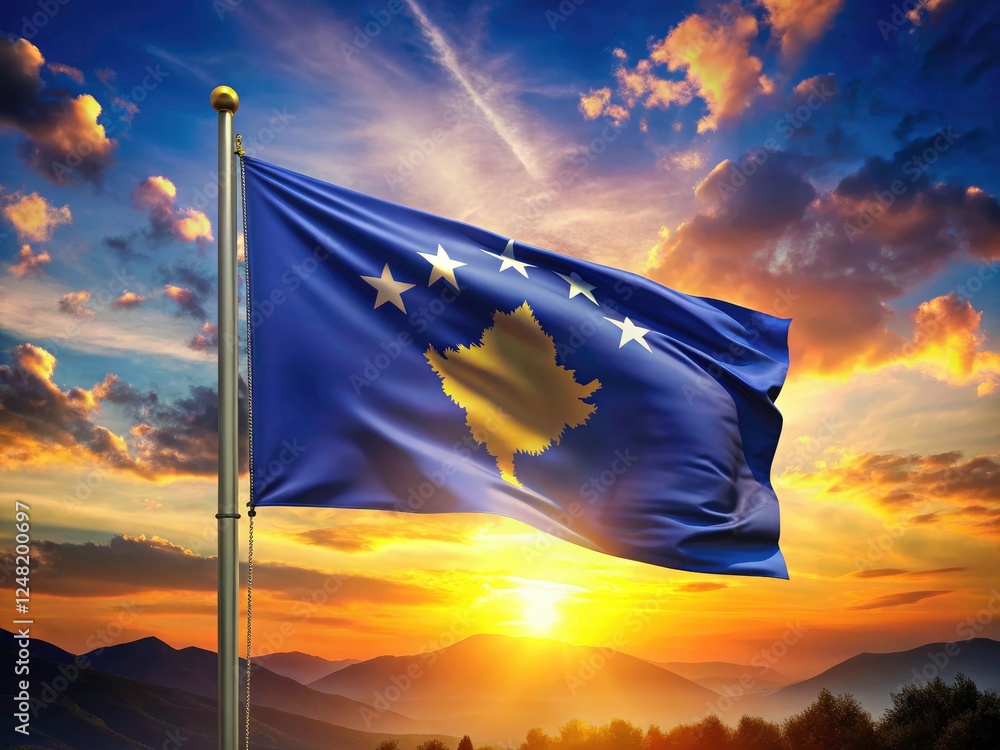 The Kosovan flag, with its iconic Albanian eagle and yellow stars ...