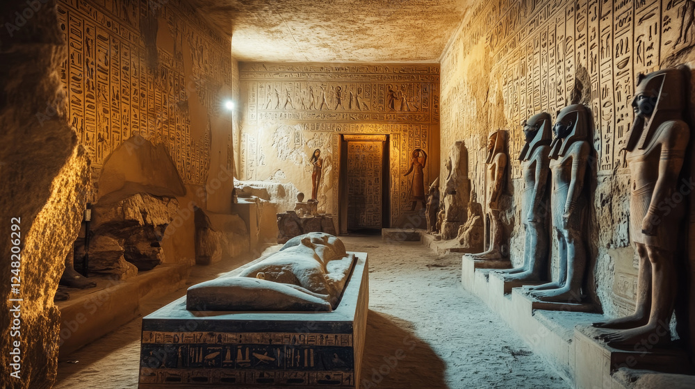 Ancient Egyptian pyramid inside. Pharaoh tomb with stone sarcophagus ...