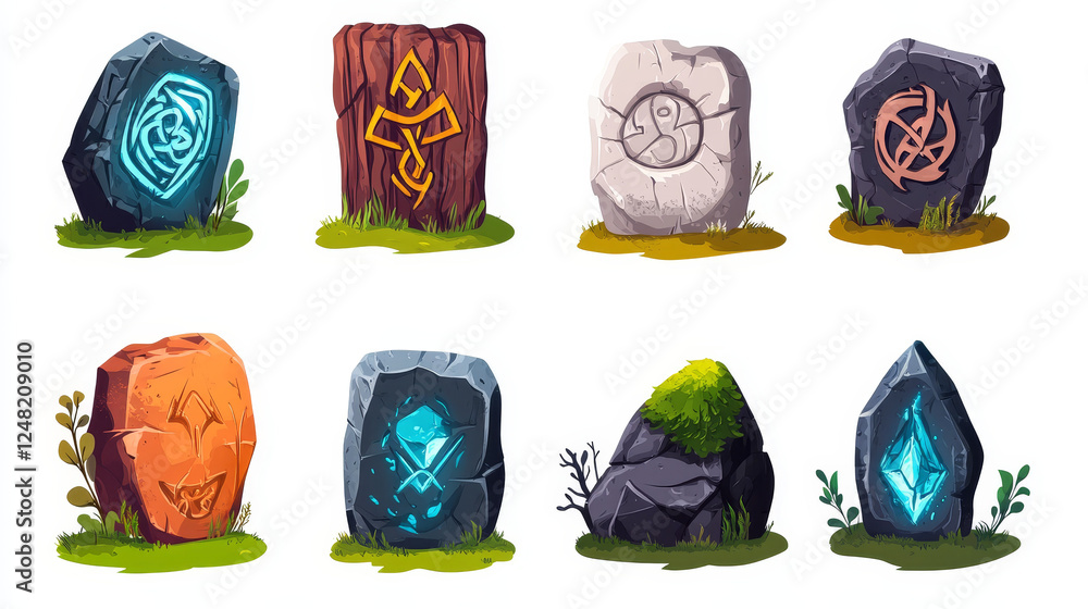 UI game set with magic rune stones. Ancient nordic runic symbols on ...