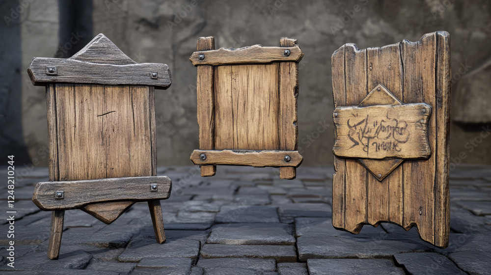 Vector wooden game signboard texture banner set. Wood material plank ...