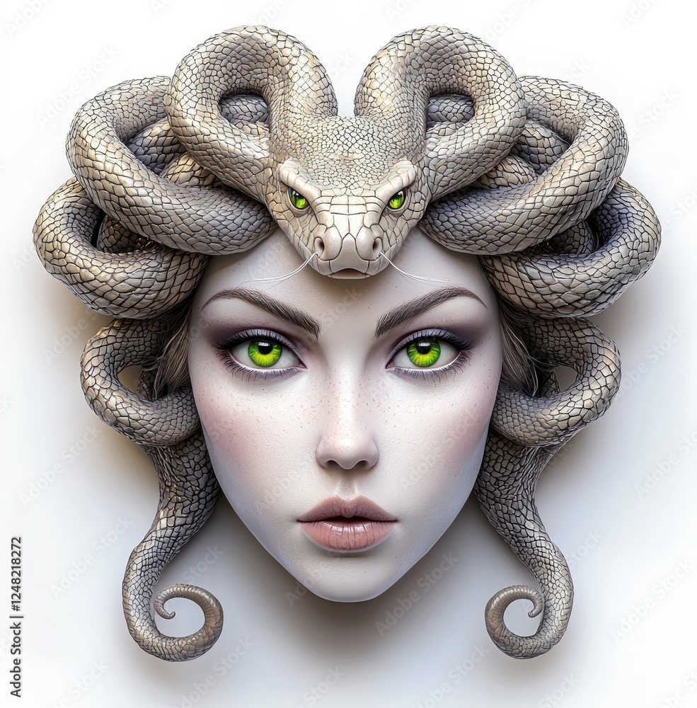 Realistic 3D Model of Medusa with Snakes and Striking Green Eyes Stock ...