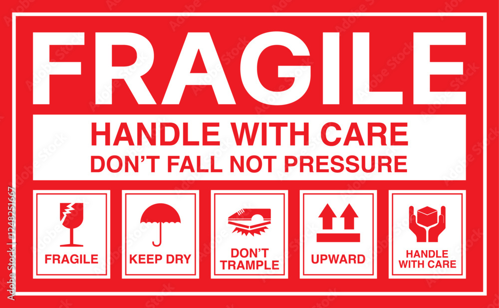 Red Fragile Warning Label Vector with Broken Glass Symbol. Handle with ...
