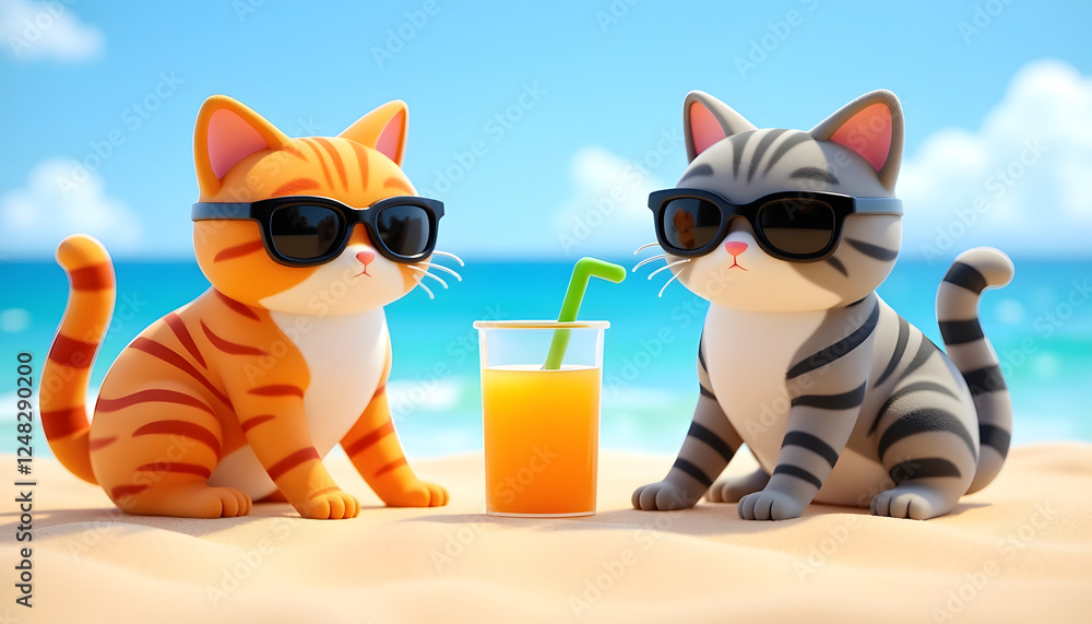 cartoon A fluffy cat chilling on a beach and wearing sunglasses ...