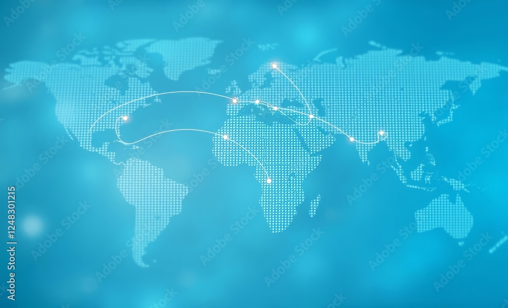 Dotted world map with curving lines or flight paths connecting ...