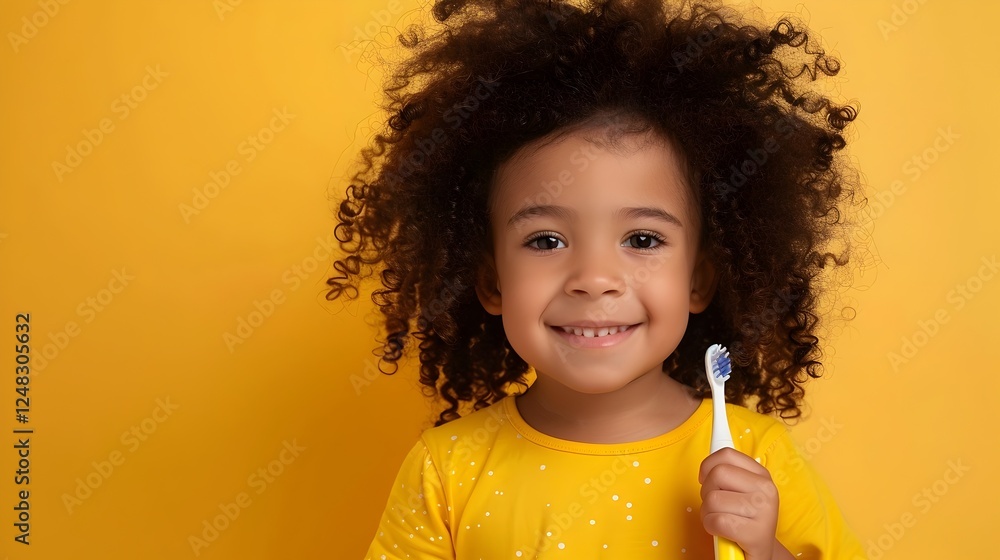 Morning Ritual Adorable Child with Curly Hair Embracing Dental Hygiene ...