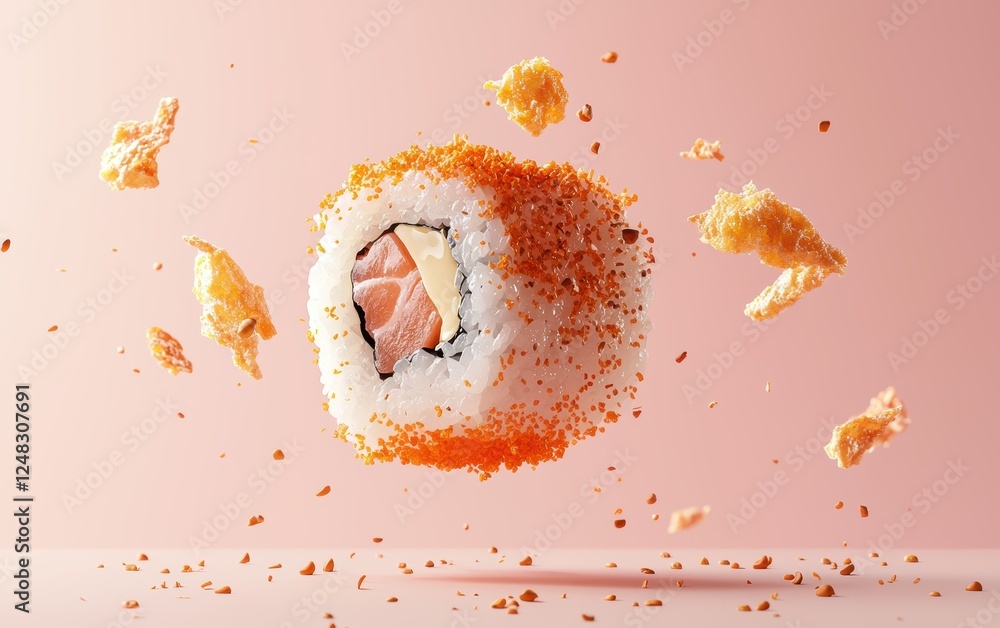 3D icon cartoon of Levitating spicy tuna roll with sriracha mayo and ...