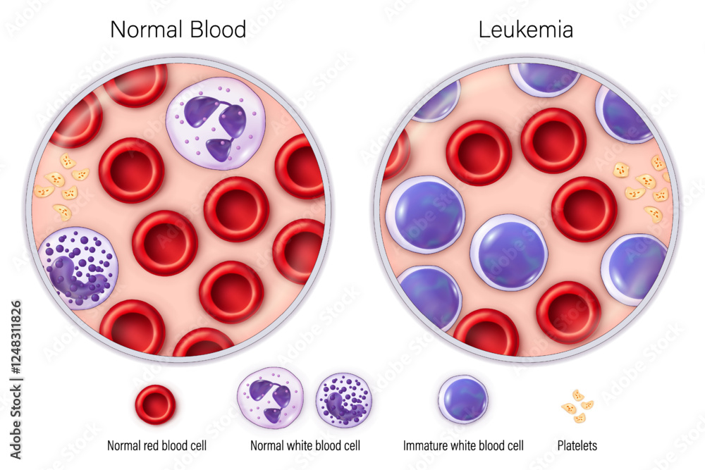 Comparison between normal blood and leukemia. Red blood cells, White blood cells and platelets ...