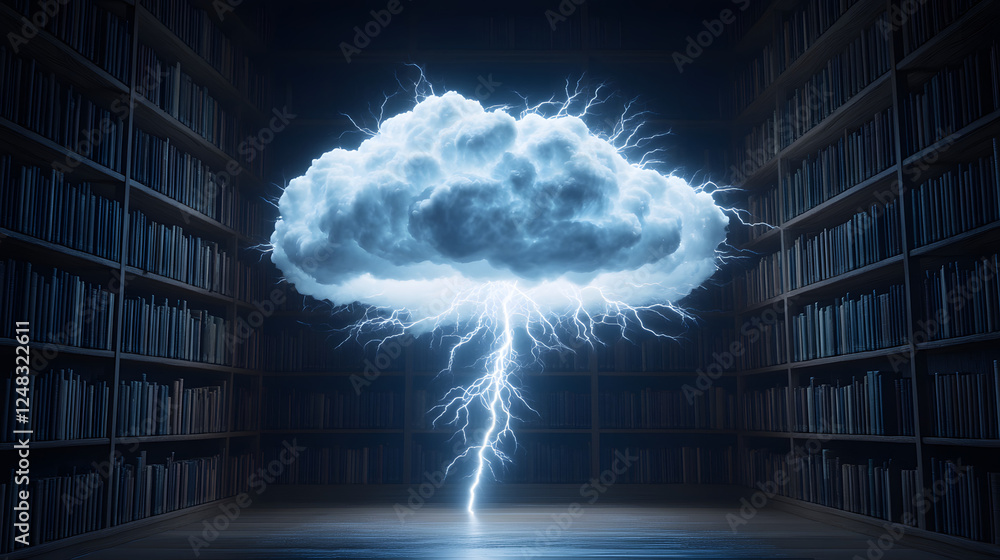 Sentient cloud library storing stories in lightning flashes, blending ...