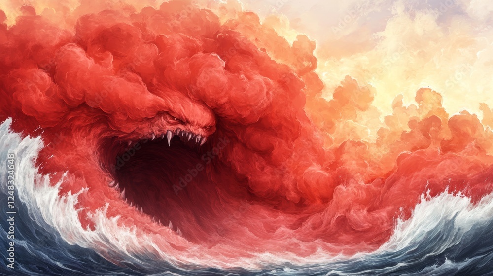 Fiery wave monster crashing onto a foamy sea evoking a sense of ...