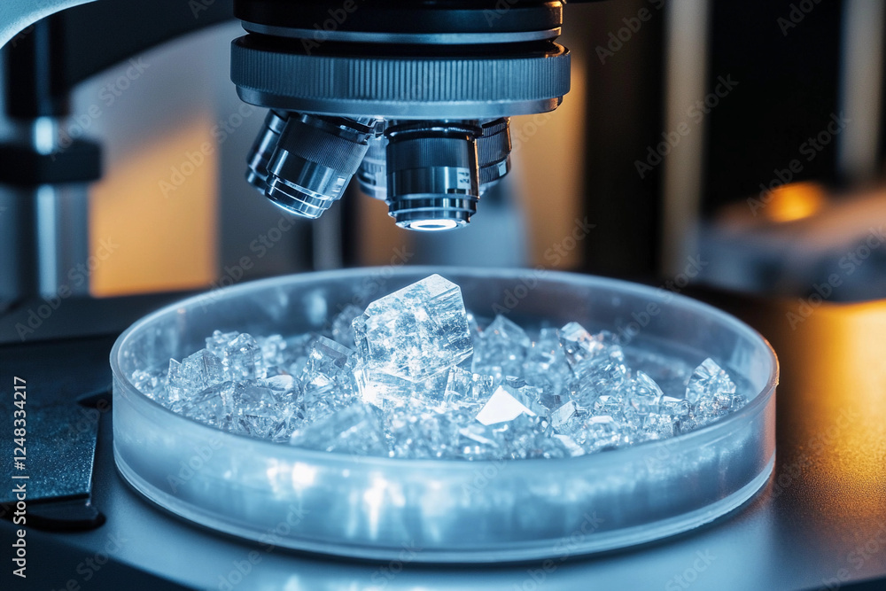 Microscope examining crystal samples in a laboratory setting during ...