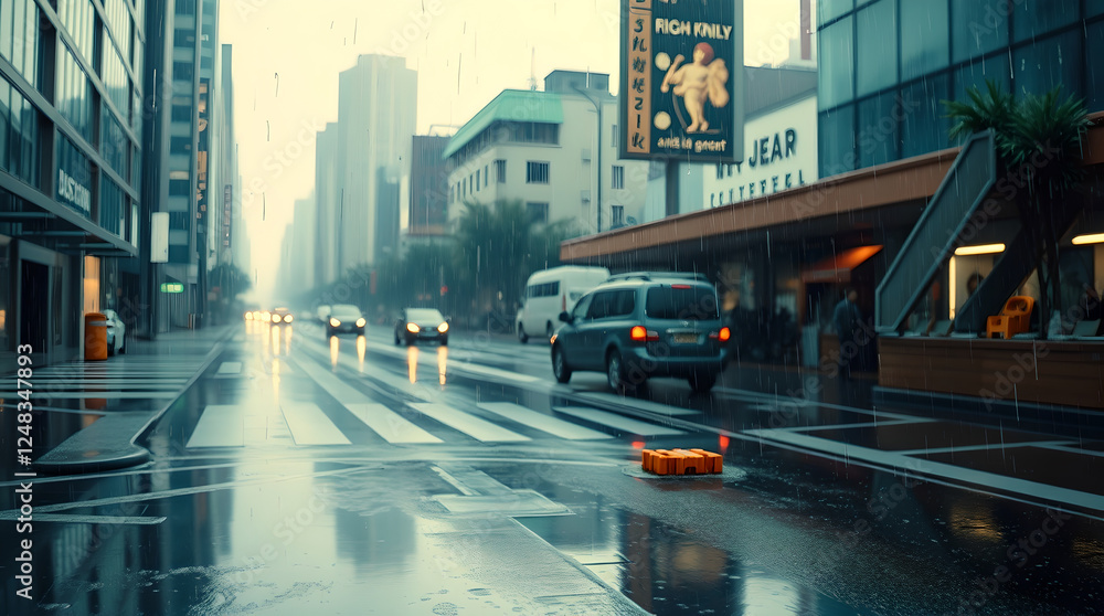 Wet rainy scene depicting a futuristic eco-friendly city, drizzling ...