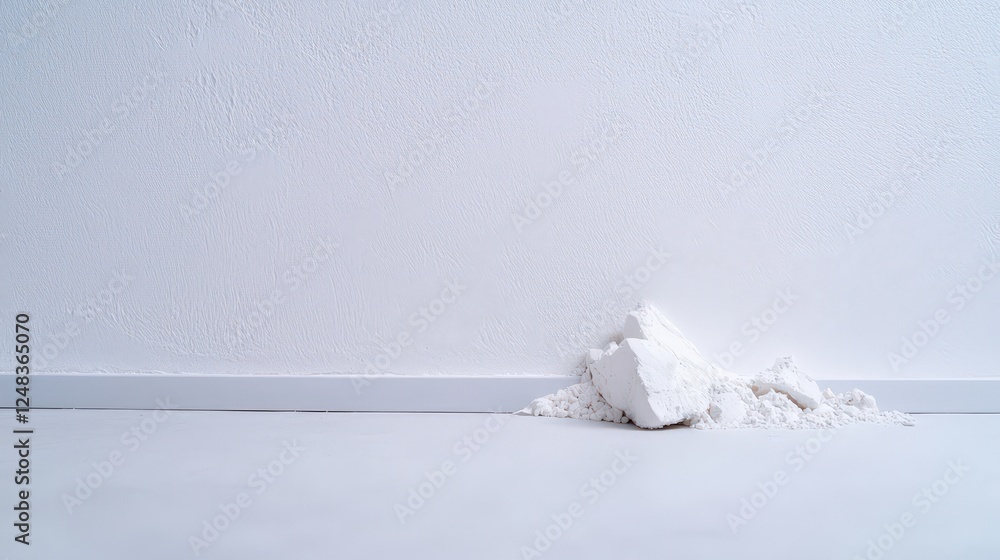 White powder pile in corner of white floor and wall with plaster ...