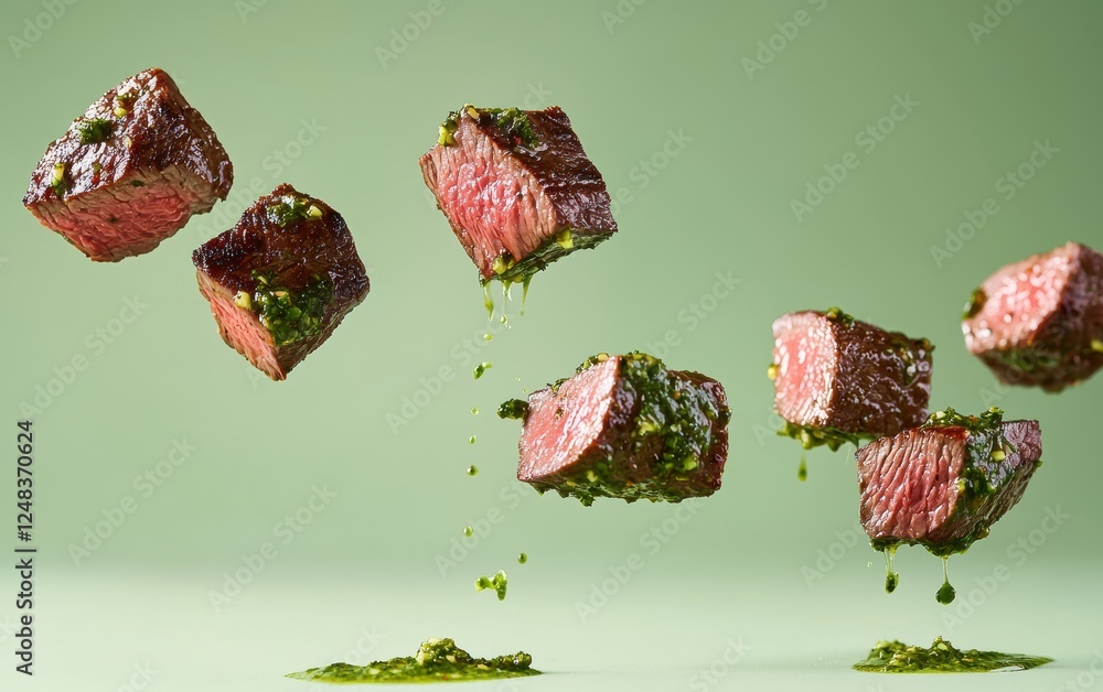 Floating steak bites with chimichurri sauce drizzles, mid-air on a ...
