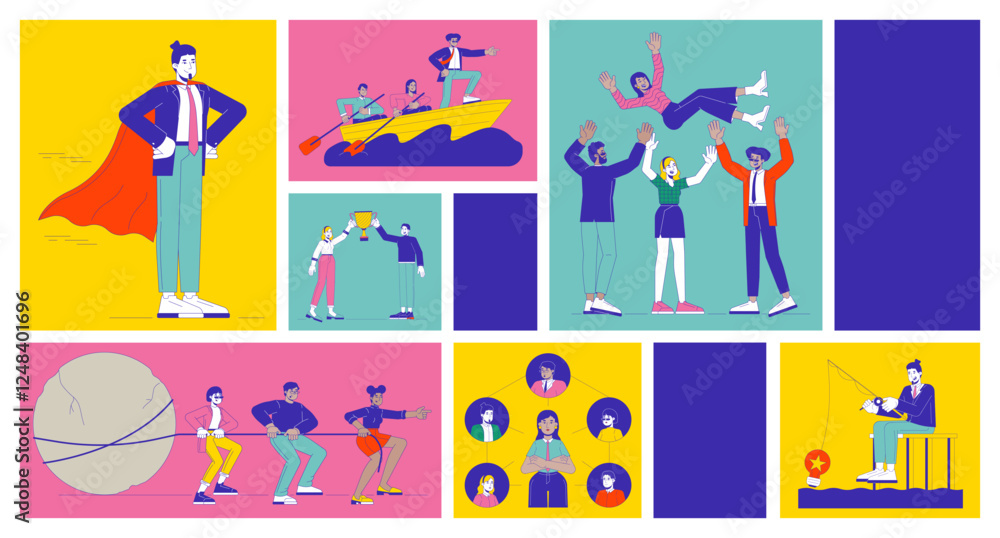 Teamwork bento grid illustration set. Collaboration of colleagues for success 2D vector image ...