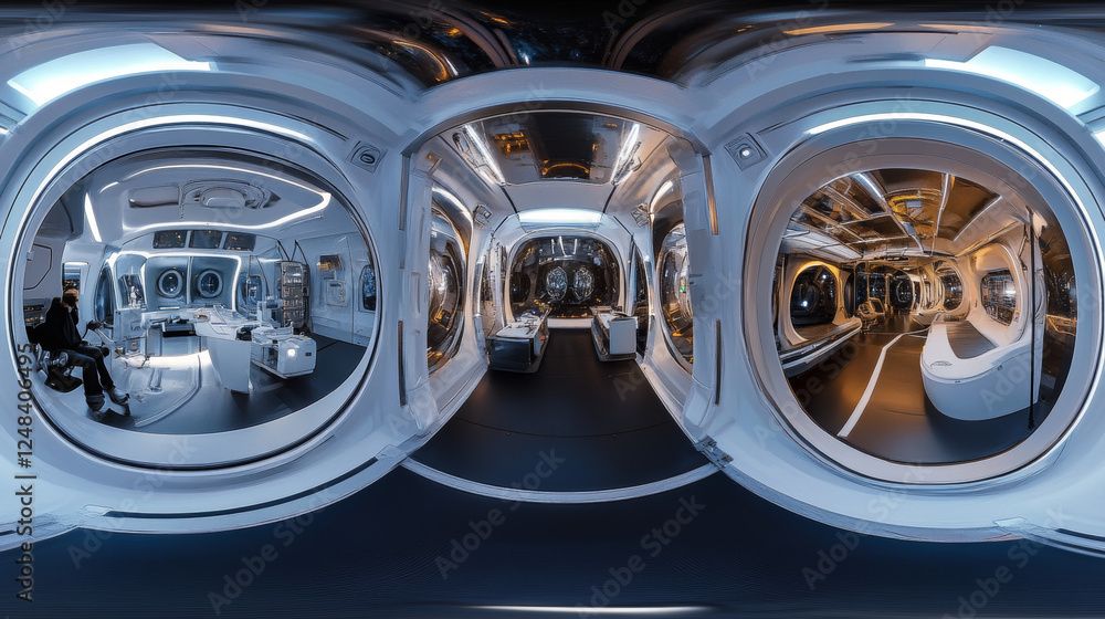 360 degree panorama of dark modern futuristic technology station space ...