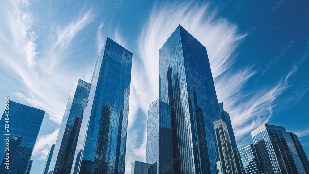 Stunning cityscape featuring a cluster of modern, high-rise office ...