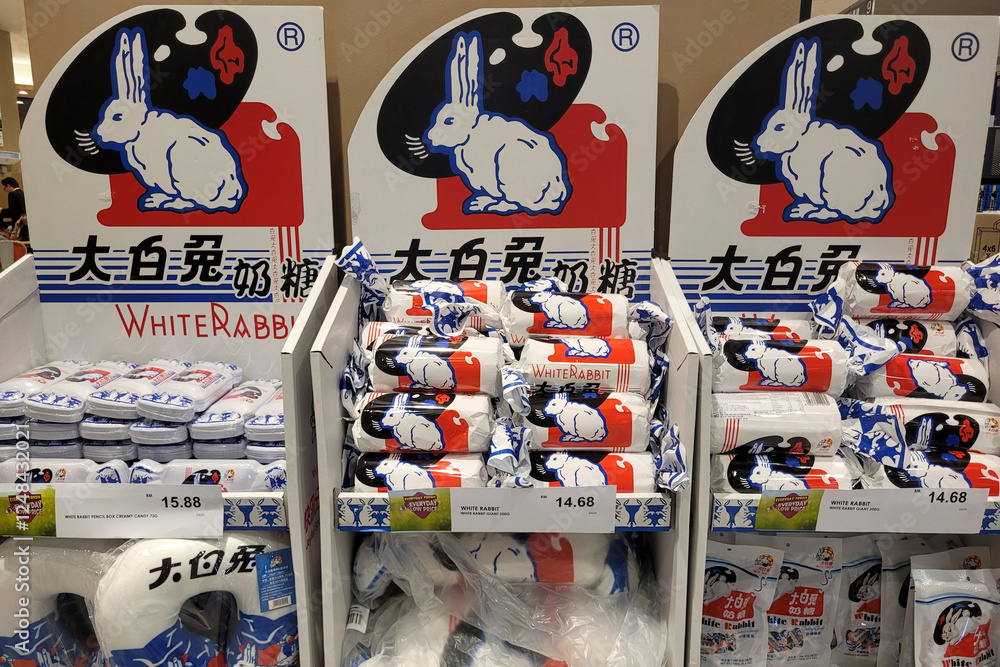 Penang, Malaysia - Jan 15, 2025: A display of White Rabbit creamy candy ...