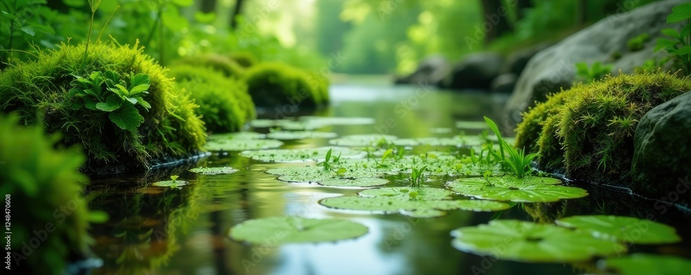 Algae growth in a freshwater stream with aquatic plants, algae growth ...
