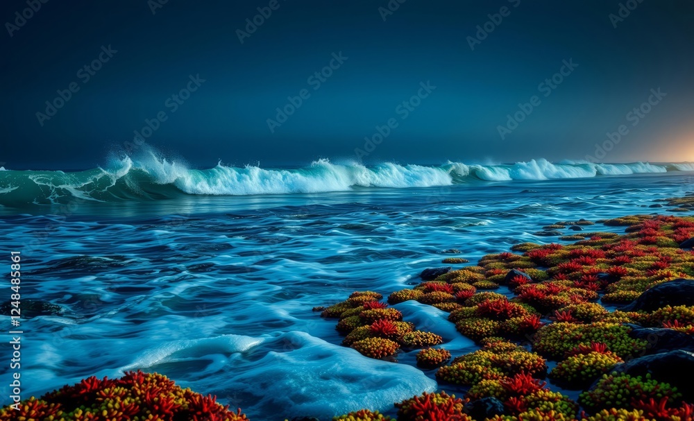 Blue waves crashing into the seashore with neon color algae in the ...