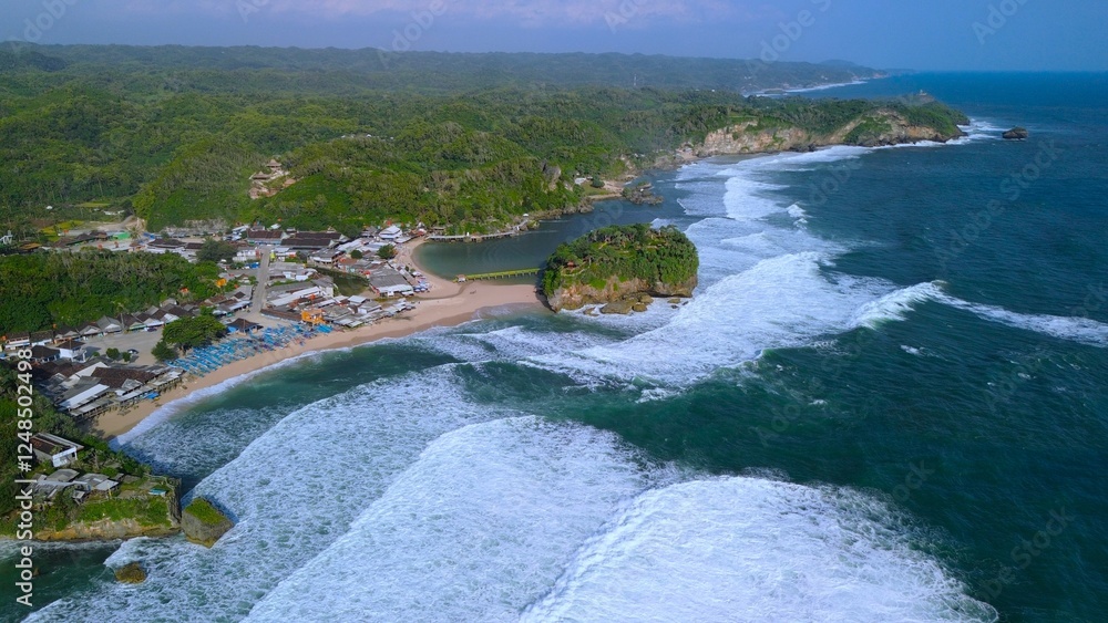 Aerial Drone view of the beach with white sand, coral rocks, hills with ...