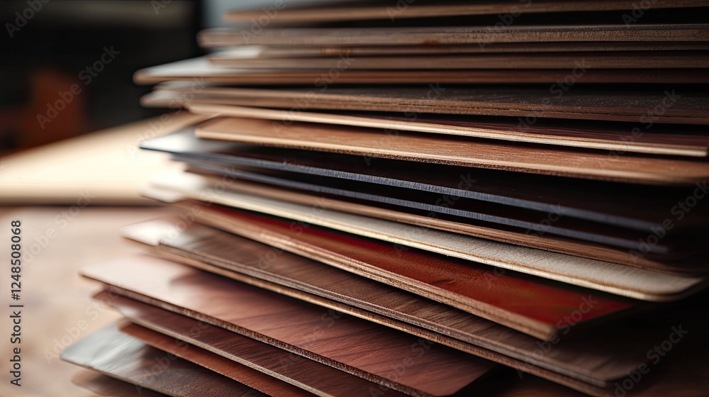 Stack of various wood veneer samples showing different colors and ...