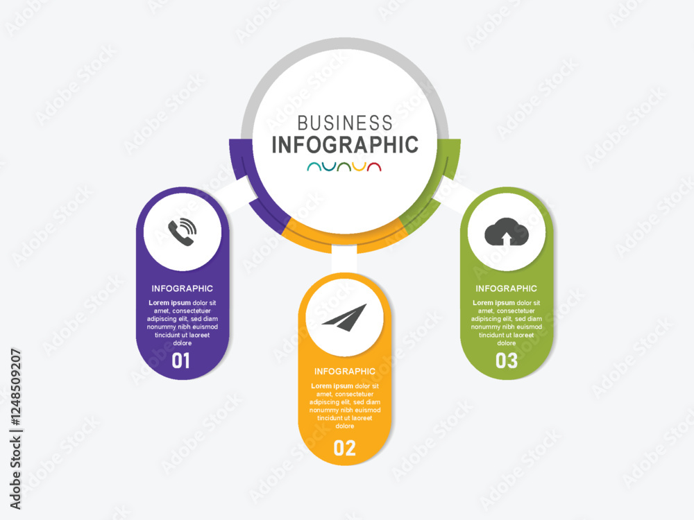 Business 3 step process chart infographics with step circles. Circular ...