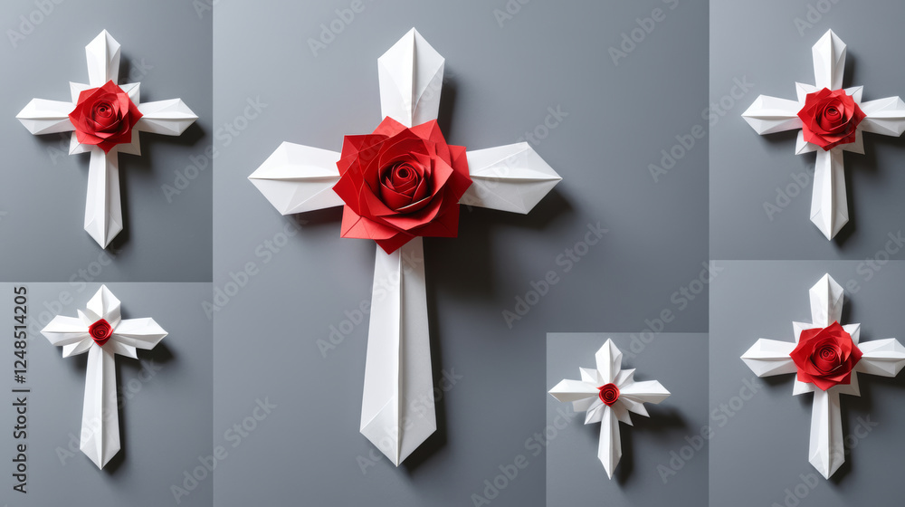 Origami cross with a red rose on a gray background in a collage style ...