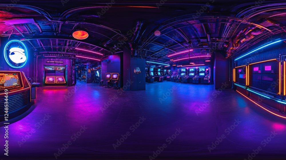 360 degree panorama of neon light industrial basement room with cyber ...