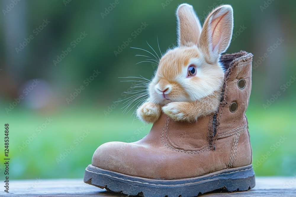 Cute rabbit peeking from an old boot in a green outdoor setting during ...