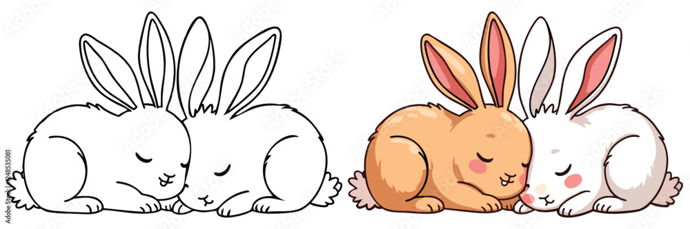 Two Rabbits (Bunny) are resting Line Art Vector Outline Illustration ...