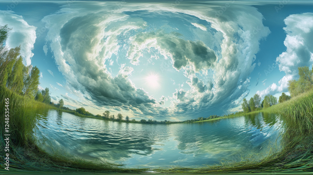 Clouds reflecting on a large body of water 360 panorama vr environment ...