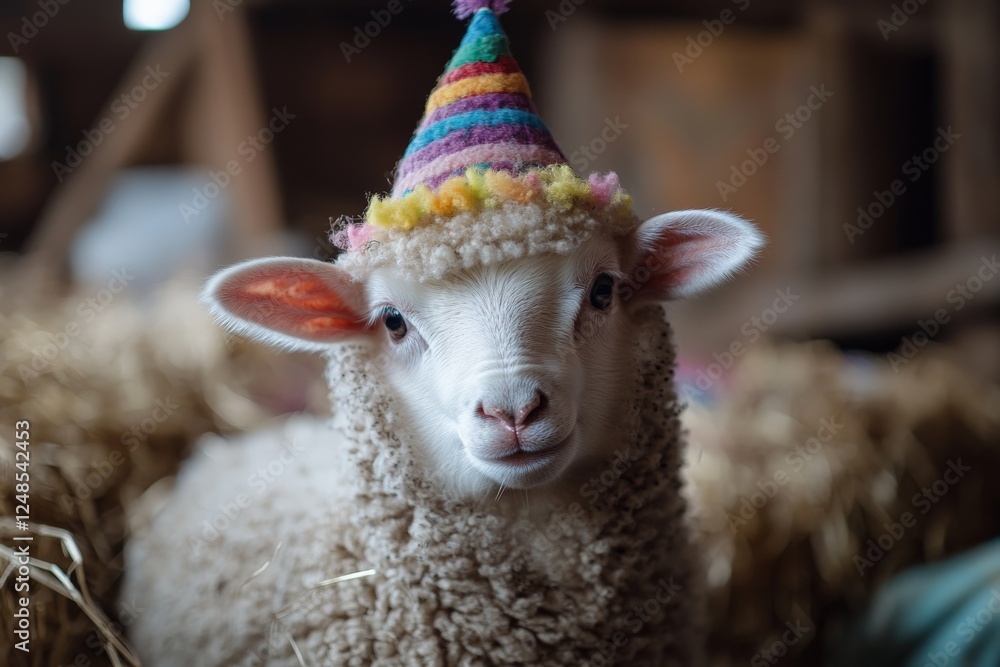 Cute lamb wearing a colorful party hat in a cozy barn surrounded by ...