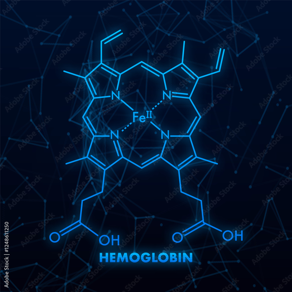 Structural chemical formula of hemoglobin molecule on dark blue ...