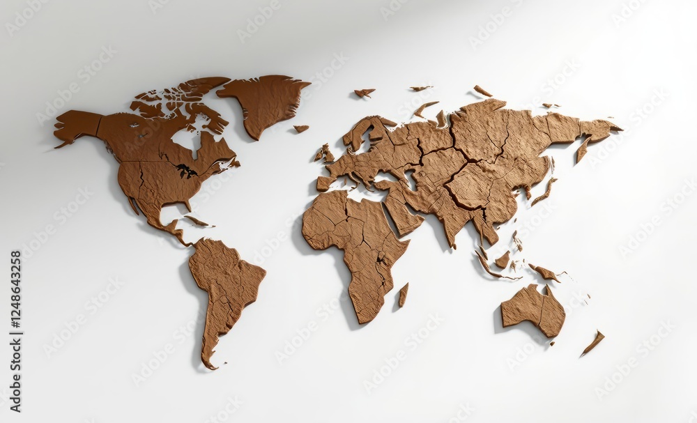 World map made of cracked dried ground during drought isolated on white ...