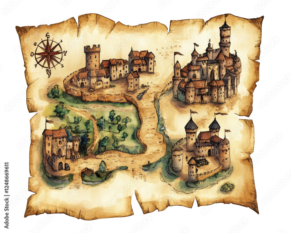 medieval style map featuring hand drawn elements, showcasing castles ...