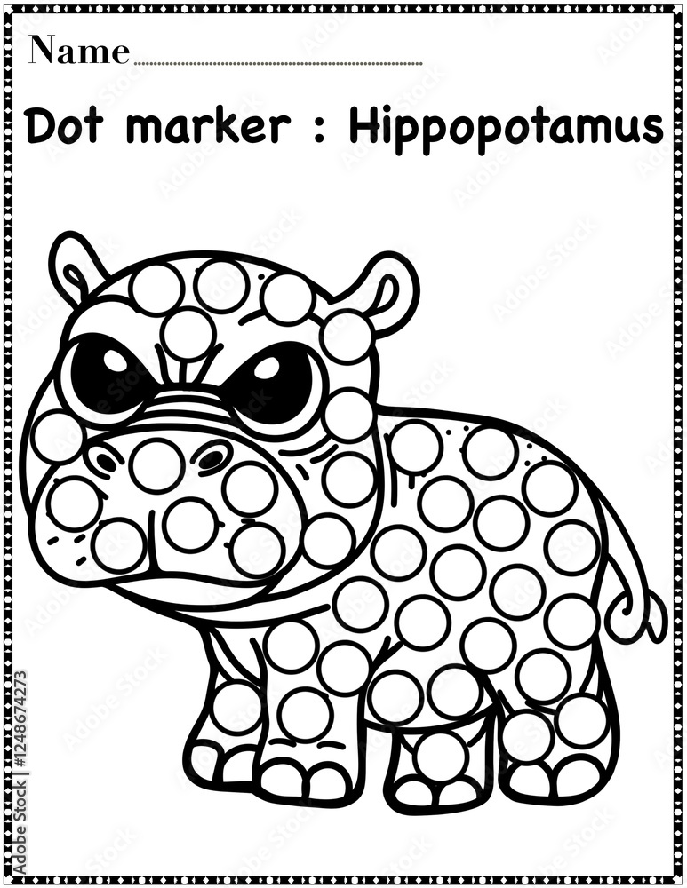 Hippopotamus dot marker worksheet activity for kids, preschool ...