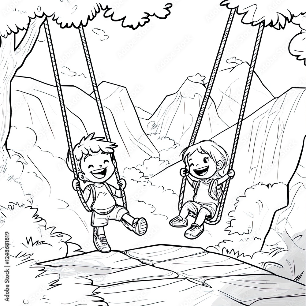 Kids enjoying a fun adventure at a vibrant climbing and swinging park ...