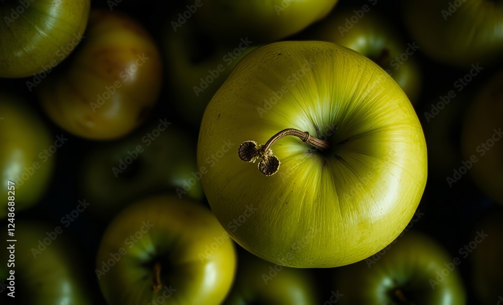 Stock-Foto „Green apples top view close-up a cut apple in the middle ...