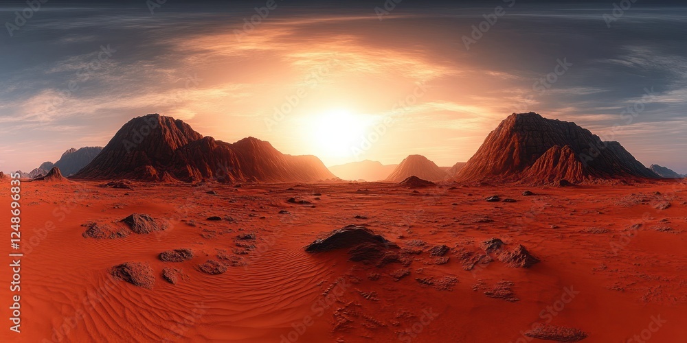 Mars Landscape at Sunrise Beautiful Martian Desert Distant Mountains ...