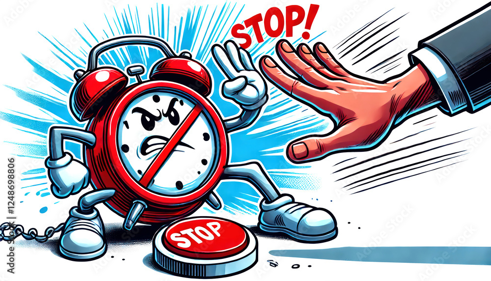 Cartoon alarm clock stopping a hand with a bold Stop sign Stock ...
