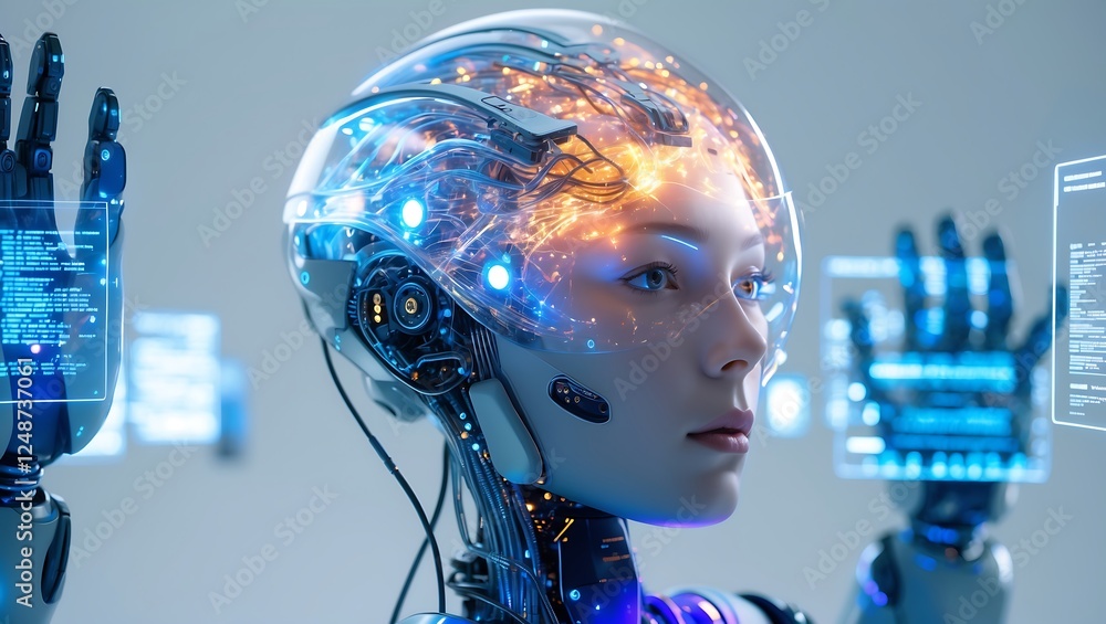 Next-Generation AI Robot with a Transparent Skull, Displaying Advanced ...