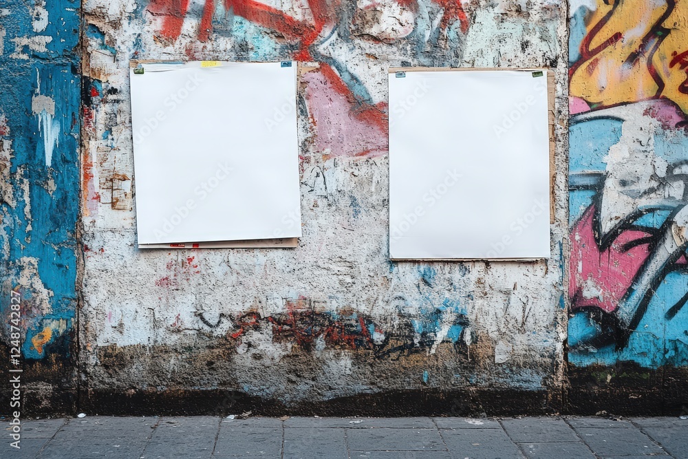Two Blank A4 Paper Sheets on Urban Wall Background with Colorful ...